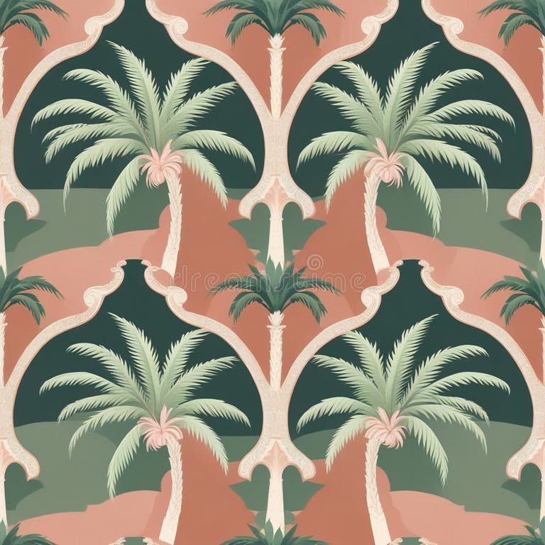 A Repeating Pattern Featuring Palm Trees and Decorative Arches on a ...