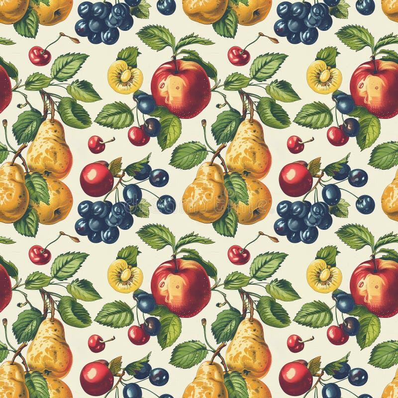 Colorful Vintage Fruit Pattern with Pears, Apples, Cherries, and Grapes ...
