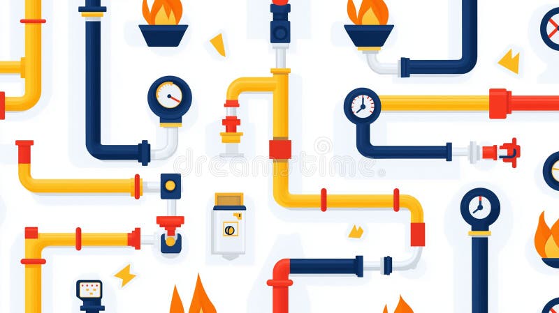 Repeating Pattern of Gas Pipelines, Meters, and Flames in Minimalist ...