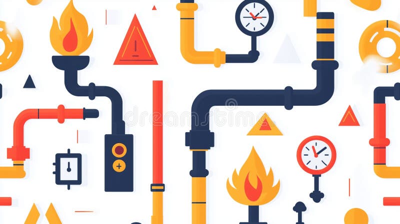 Repeating Pattern of Gas Pipelines, Meters, and Flames in Minimalist ...