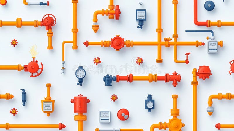 Repeating Pattern of Gas Pipelines, Meters, and Flames in Minimalist ...