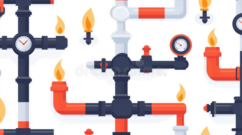 Repeating Pattern of Gas Pipelines, Meters, and Flames in Minimalist ...