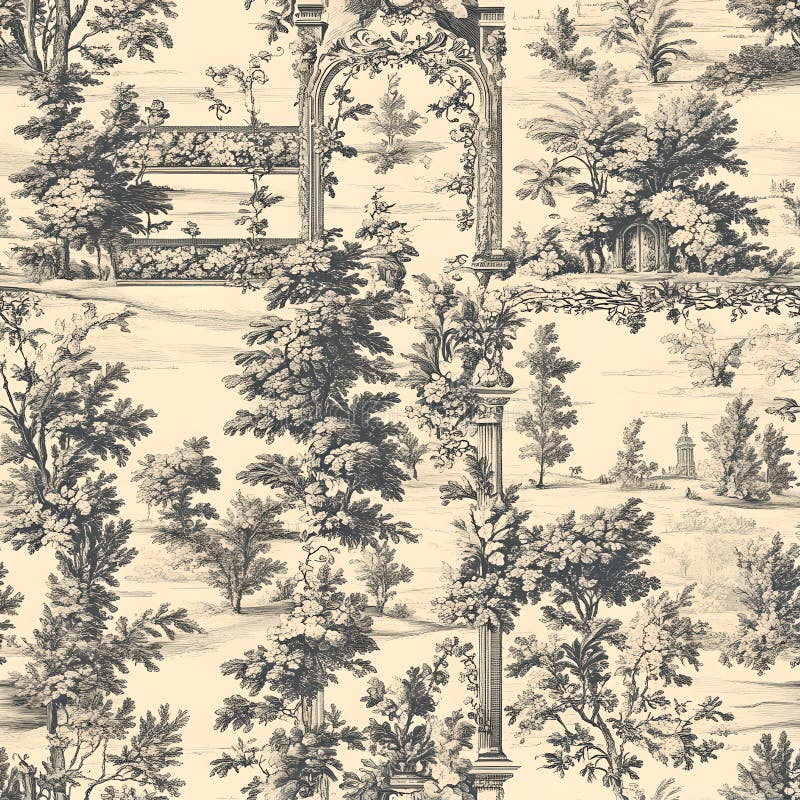 Grayscale Pastoral Landscape Pattern on Beige Background Stock Image ...