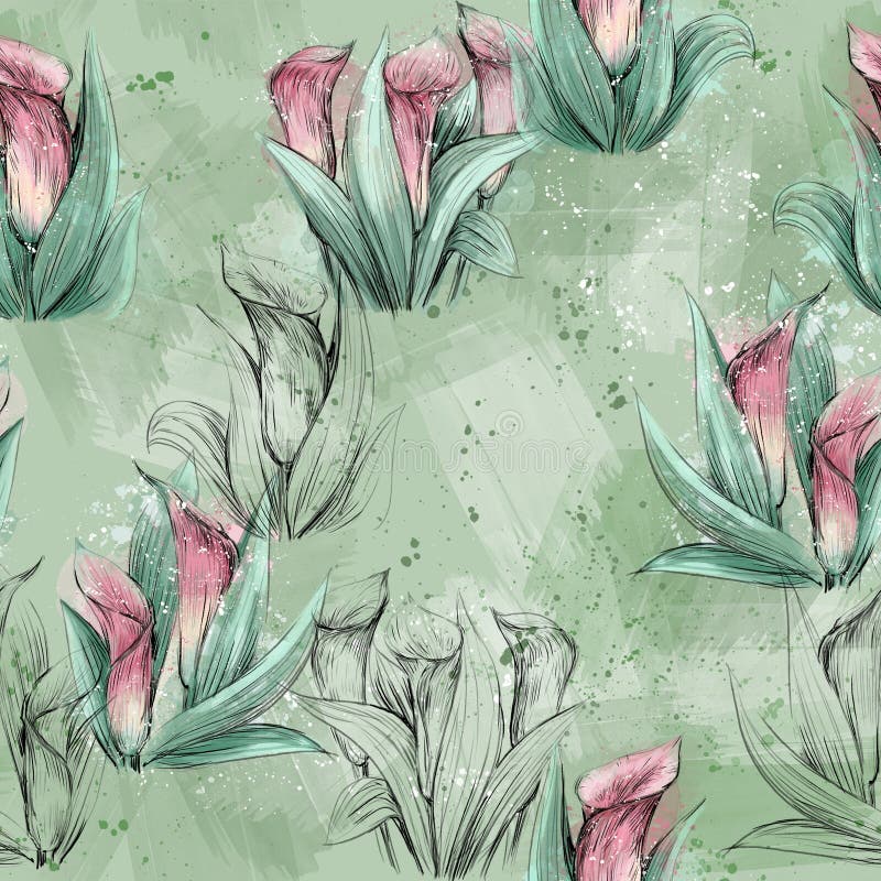 Repeating Pattern on a Green Background of Calla Flowers, Watercolor ...