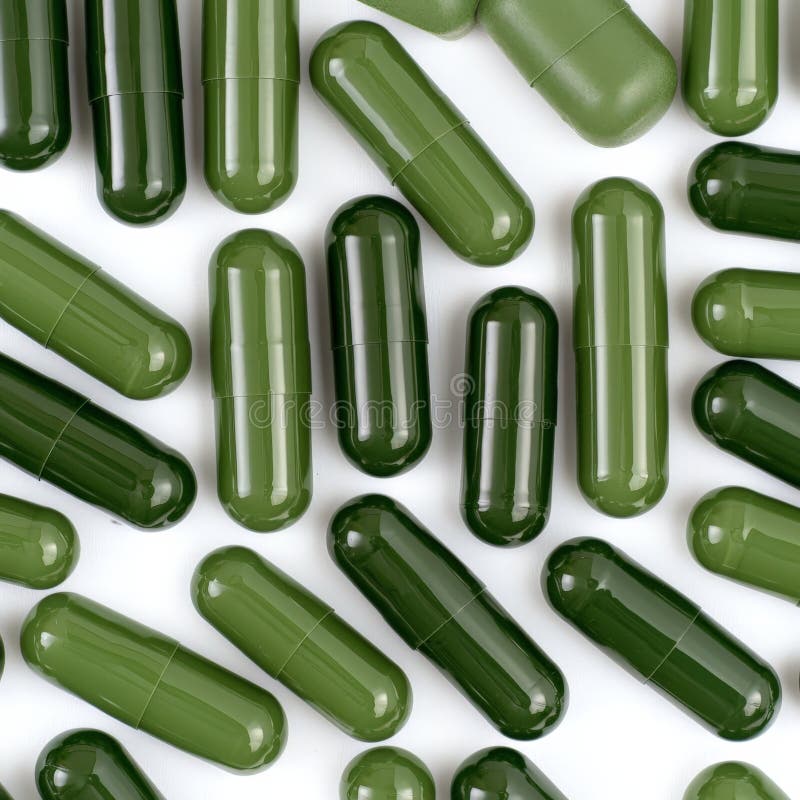 Repeating Pattern of Green Capsule Supplements on White Background ...