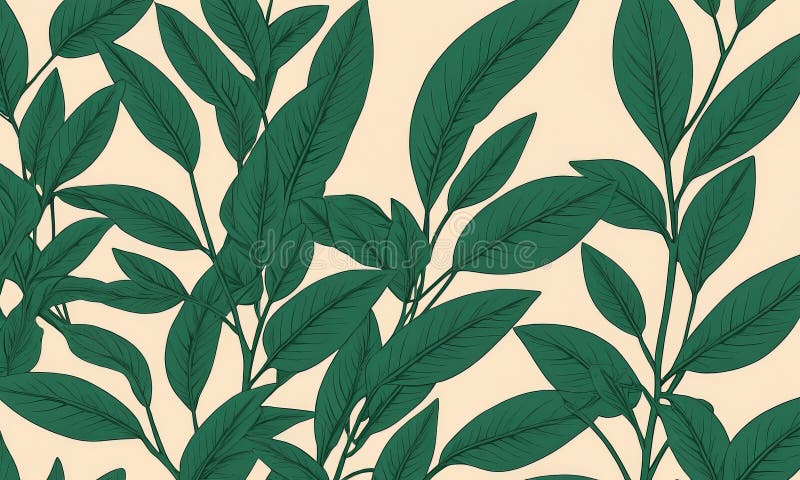 Repeating Pattern Green Leaves with Pointed Tips Against Light Beige ...