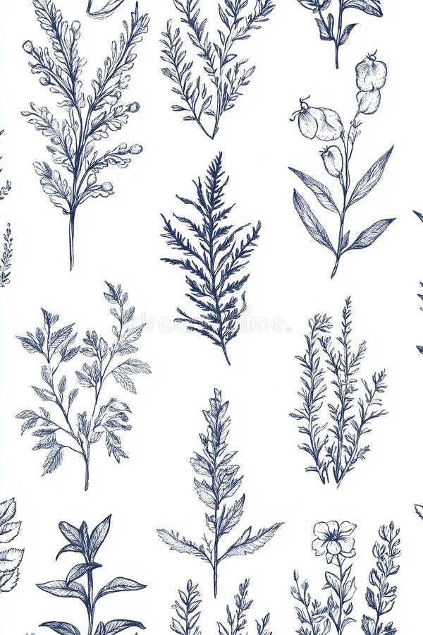 Repeating Pattern of Hand-drawn Botanical Illustrations in Monochrome ...