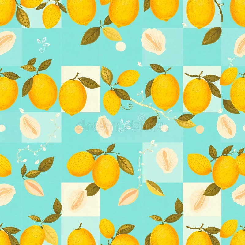 A Repeating Pattern of Lemons and Green Leaves on a Light Background ...