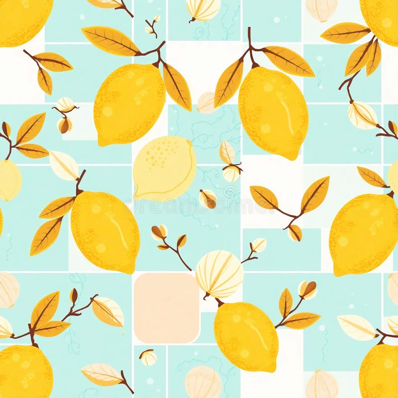 A Repeating Pattern of Lemons and Green Leaves on a Light Background ...