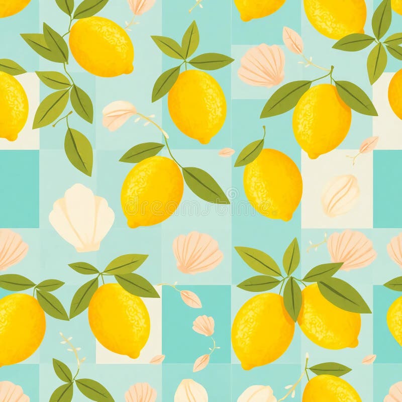 A Repeating Pattern of Lemons and Green Leaves on a Light Background ...