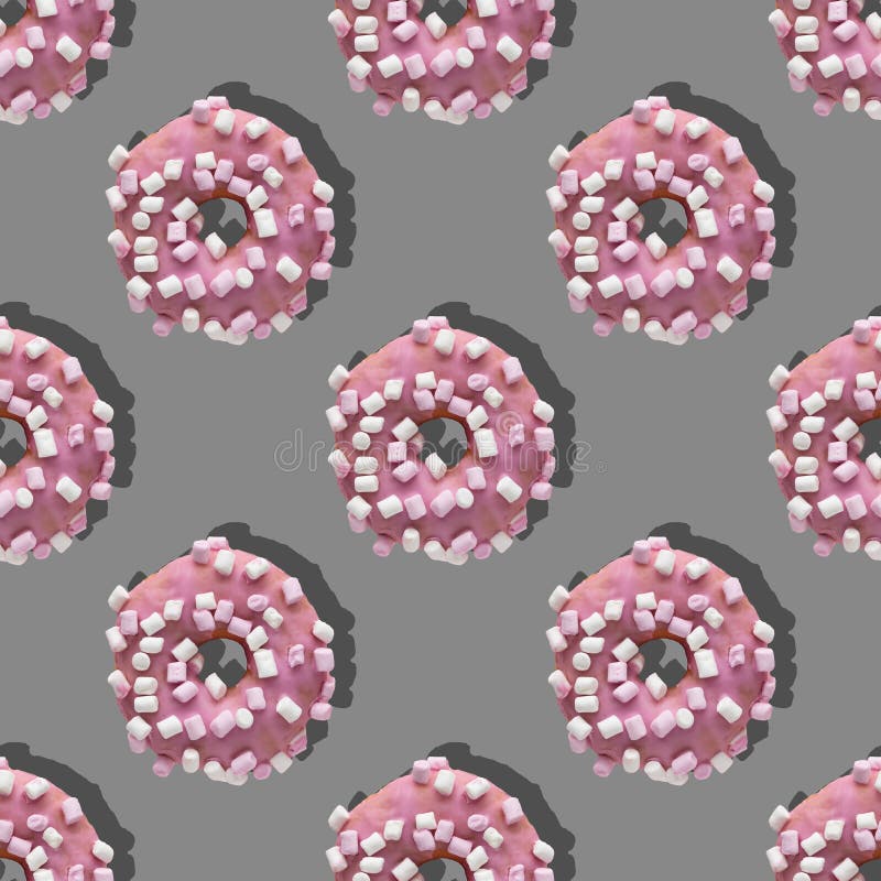 Repeating Pattern of Pink Donuts with Marshmallows on a Gray Background ...