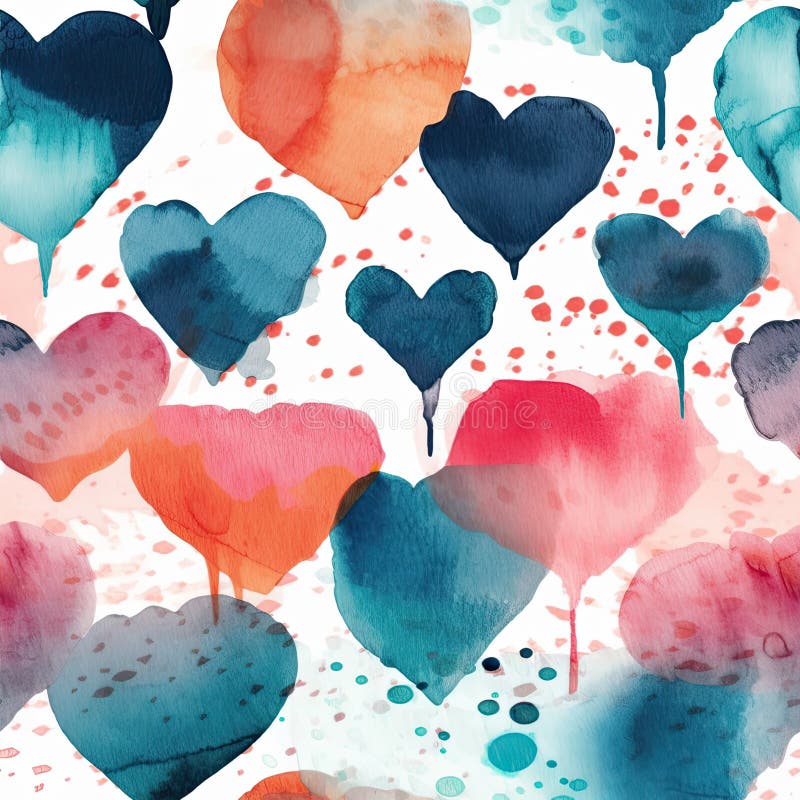 Repeating Pattern Random Love Heart Art Dripping Watercolor Stock ...
