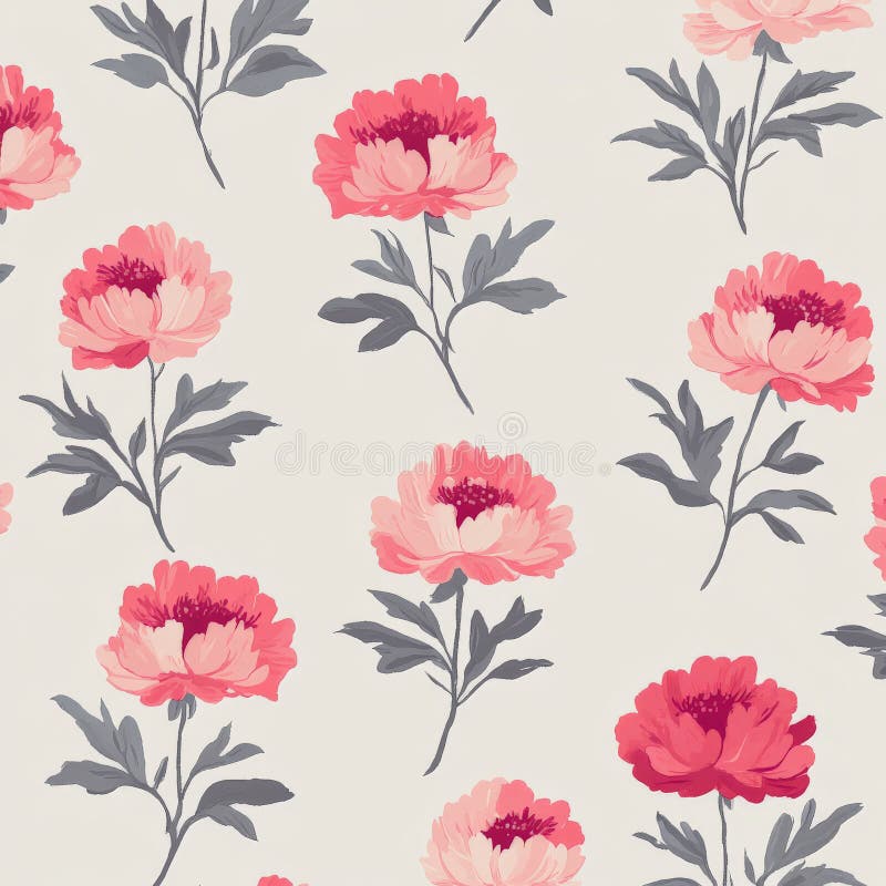 A Repeating Pattern of Small Flat Peonies in Pink and Red Hues, Evenly ...