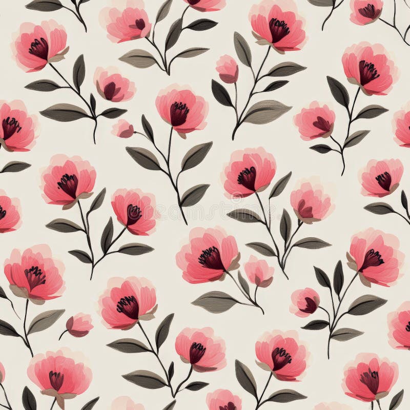 A Repeating Pattern of Small Flat Peonies in Pink and Red Hues, Evenly ...