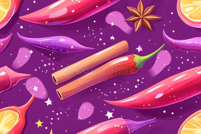 A Repeating Pattern of Spices, Including Chili Peppers, Cinnamon Sticks ...
