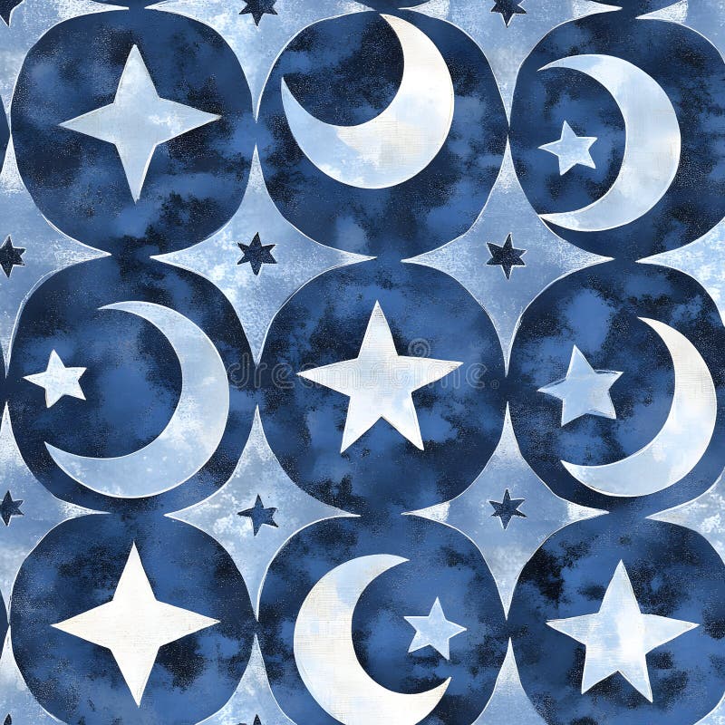 A Repeating Pattern of Stars and Crescent Moons in Shades of Blue Stock ...