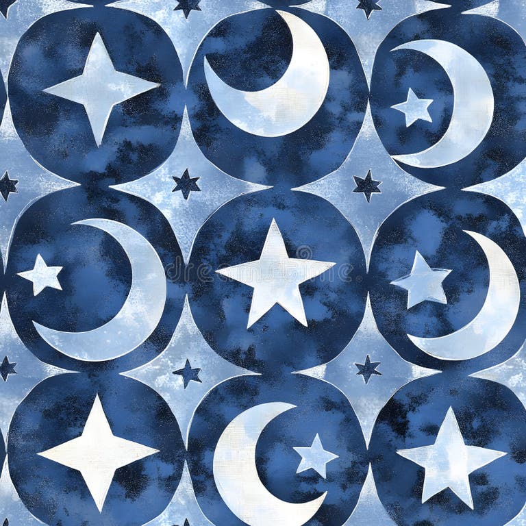 A Repeating Pattern of Stars and Crescent Moons in Shades of Blue Stock ...