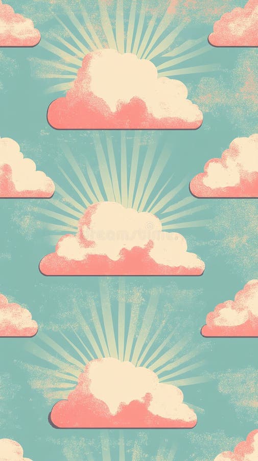 Repeating Pattern of Stylized Clouds and Sun Rays in a Retro Style ...
