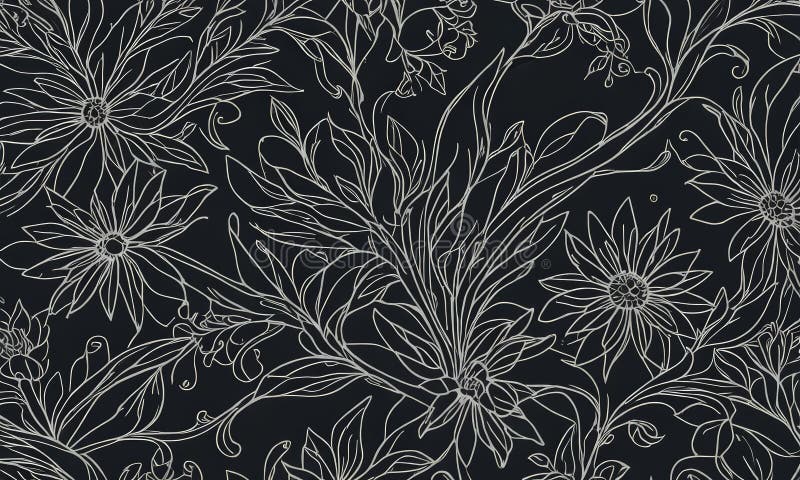 Repeating Pattern Stylized Flowers and Leaves in Monochromatic Design ...