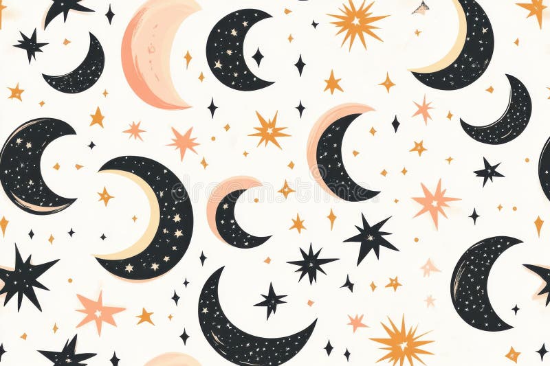 Abstract Night Sky Pattern with Moons and Stars Stock Illustration ...