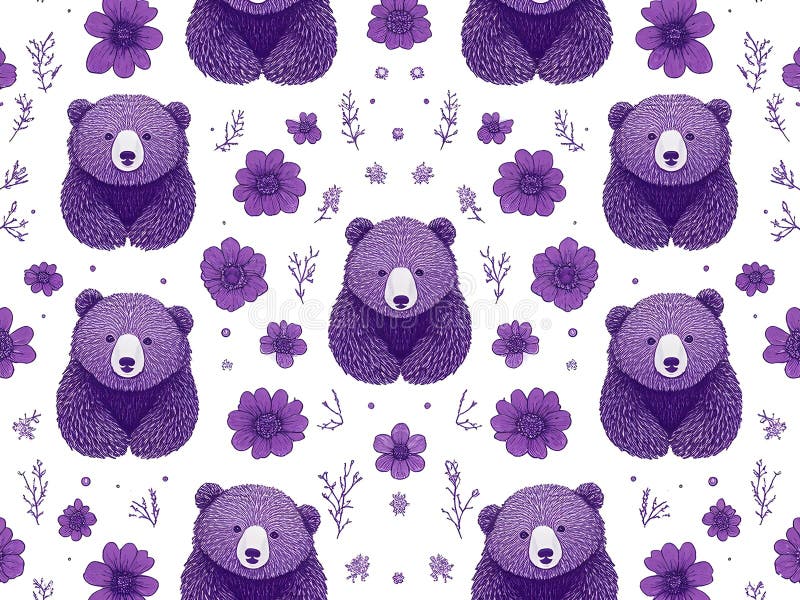 Repeating Pattern of Stylized Purple Bears and Flowers on a White ...