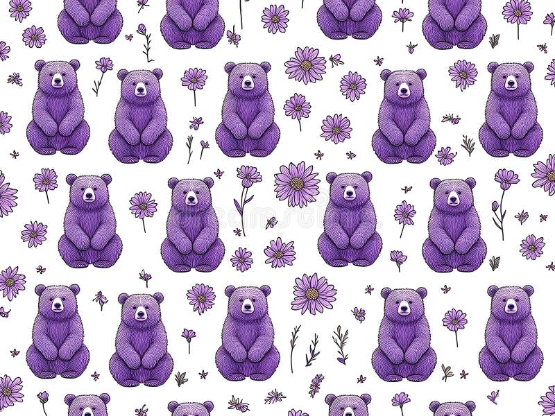 Repeating Pattern of Stylized Purple Bears and Flowers on a White ...
