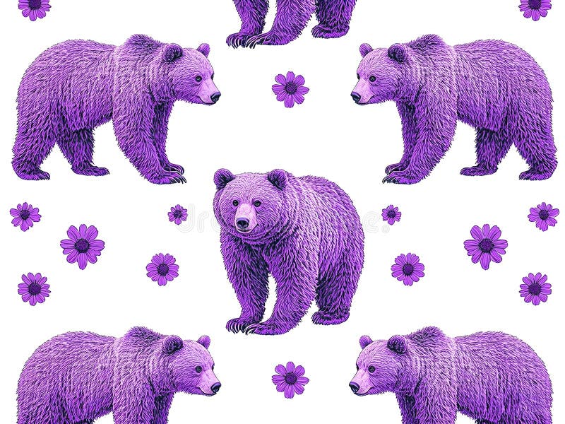 Repeating Pattern of Stylized Purple Bears and Flowers on a White ...