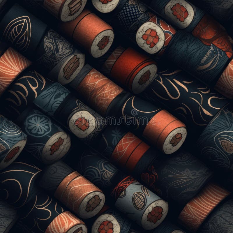 Repeating Pattern of Sushi Rolls on Dark Background, Featuring Dramatic ...
