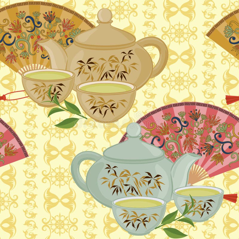 Repeating Pattern Teapot Cups Oriental Fans Stock Illustrations – 10 ...