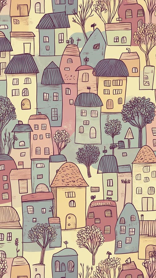 Repeating Pattern of Tiny Illustrated Houses and Trees in Muted Tones ...