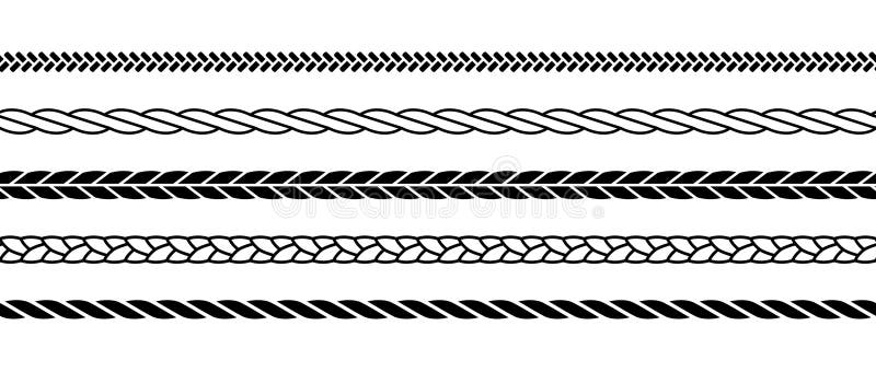 Repeating Ropes Set. Seamless Hemp Cord Lines Collection. Black Outline ...
