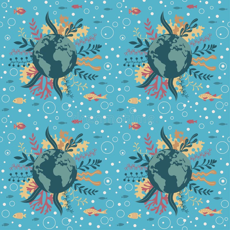 Repeating Seamless Pattern with Planet Earth and Fish. Stock ...