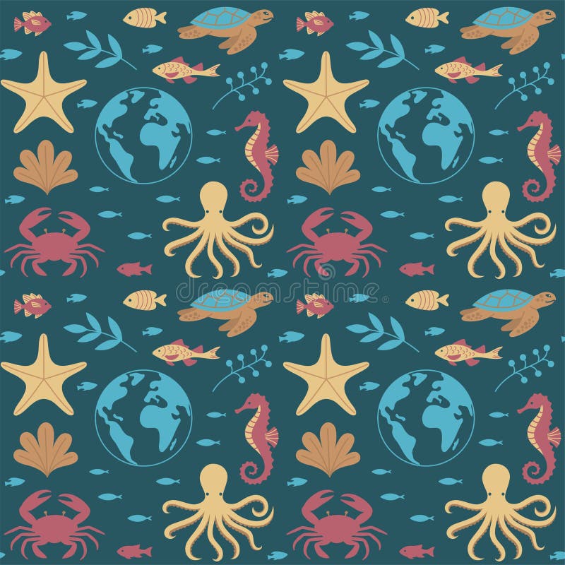 Repeating Seamless Pattern with Turtle, Seaweed and Fish. Stock Vector ...