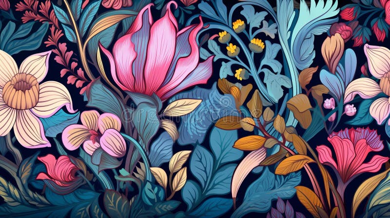 Repeating Whimsical Patterns of Various Flowers and Foliage Strong ...