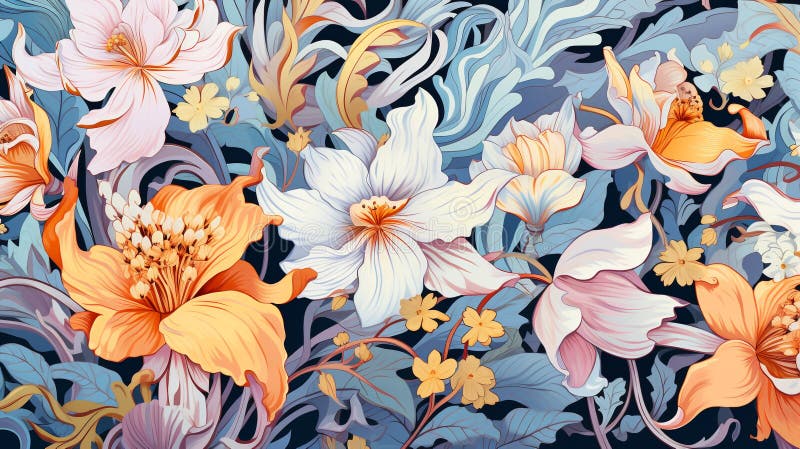 Repeating Whimsical Patterns of Various Flowers and Foliage Strong ...
