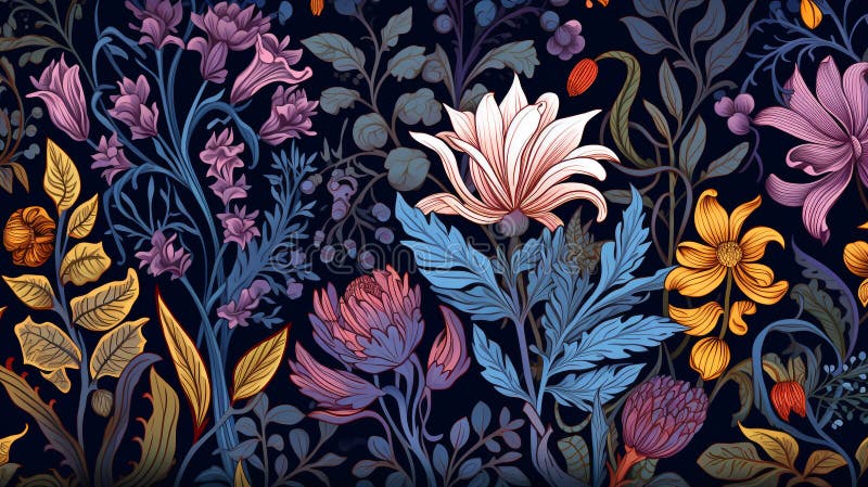 Repeating Whimsical Patterns of Various Flowers and Foliage Strong ...