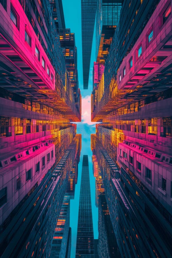 Repetitive Geometric Layout of Skyscrapers in a Synthwave Style Stock ...