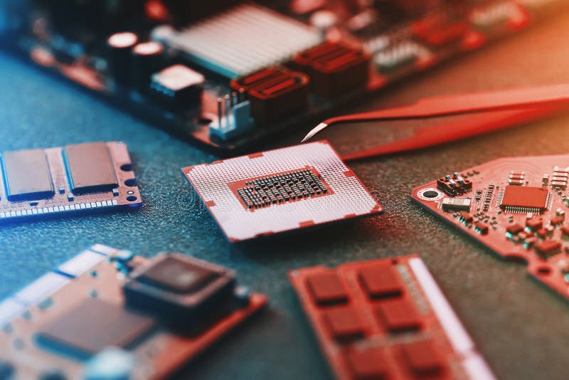 The Central Processor on the Computer Motherboard in Red Colors Stock ...
