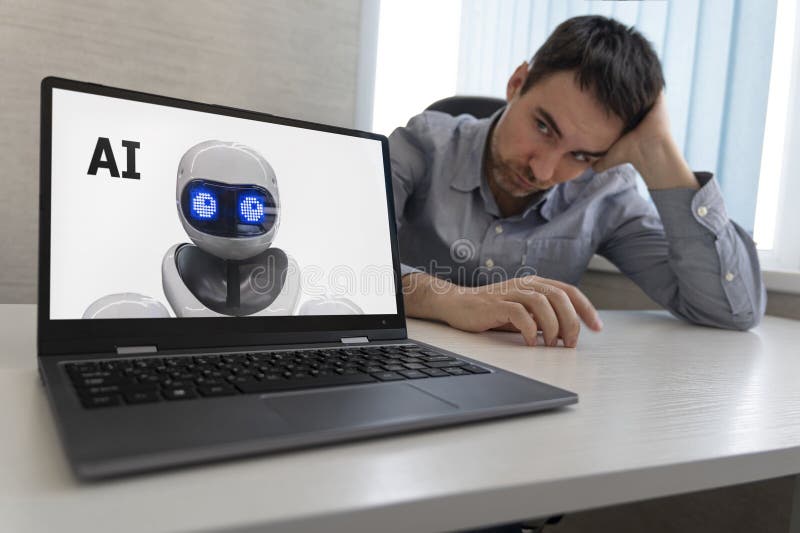 Replacing Person with Artificial Intelligence. Employee is Sitting at ...