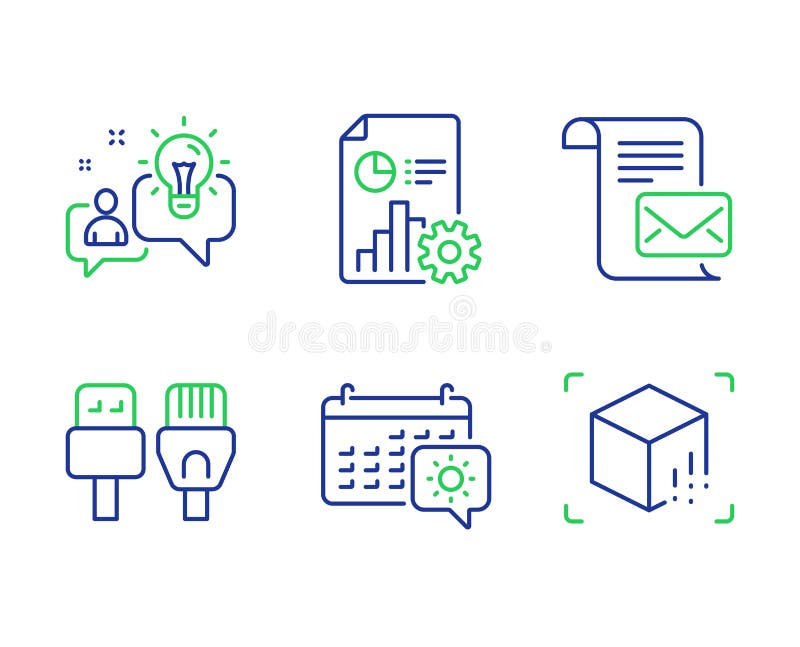 Report, Mail Letter and Idea Icons Set. Computer Cables, Travel ...