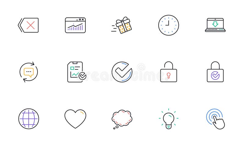 Report, Time and Globe Line Icons. Statistics, Light Bulb and Gift Box ...