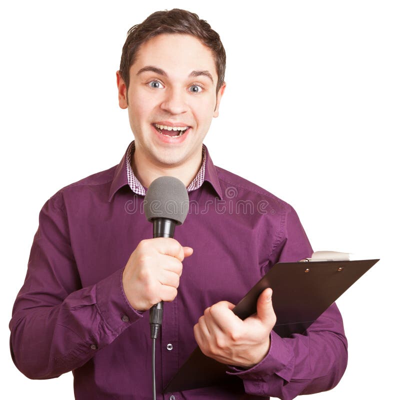Reporter Speaks into Microphone Stock Image - Image of person, happy ...
