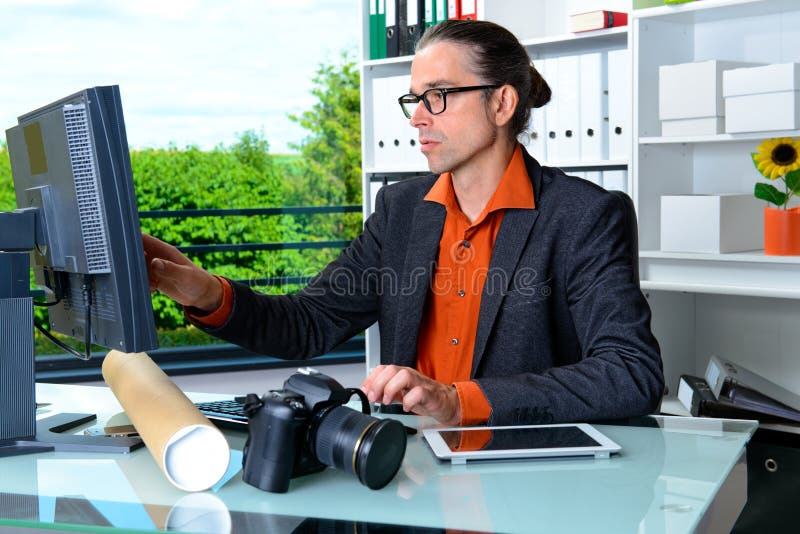 Reporter Working in Editorial Office with Computer Stock Image - Image ...