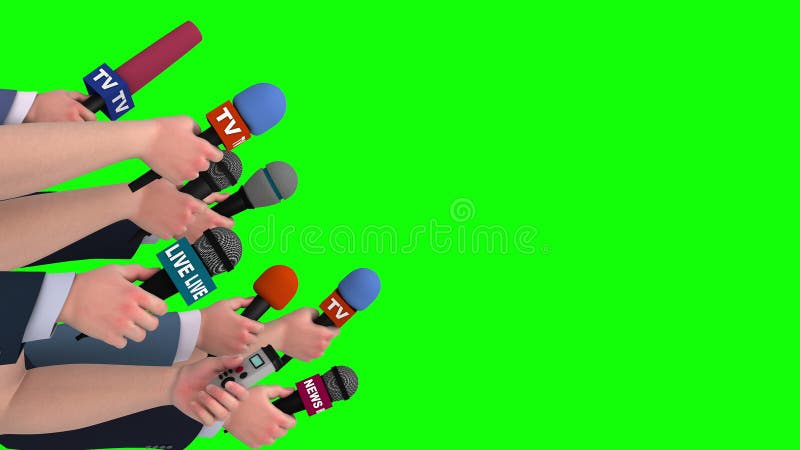 Reporters Interview with Microphones on Green Screen, Side View ...
