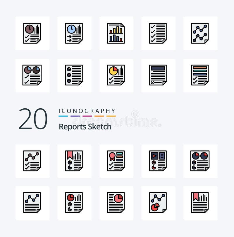 20 Reports Sketch Line Filled Color Icon Pack Like Page Data Page ...