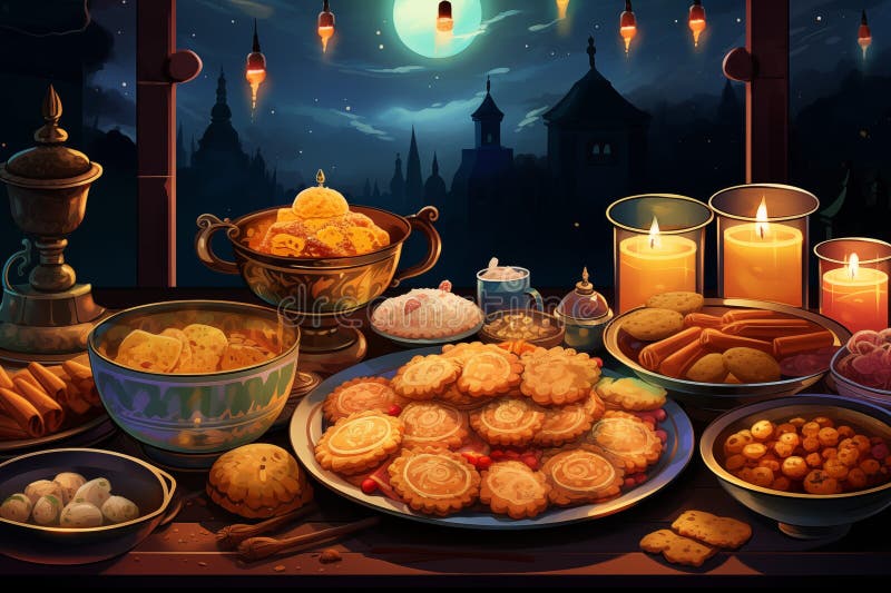 Representation of a Diwali Feast, Showcasing Traditional Sweets and ...