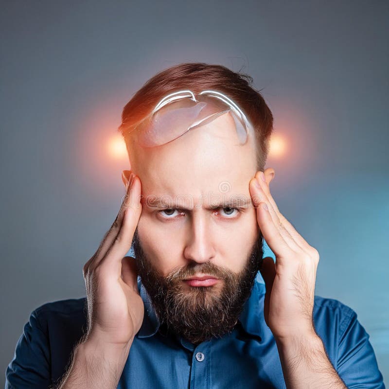 Representation of Head Health. Man with Headache with Glowing ...