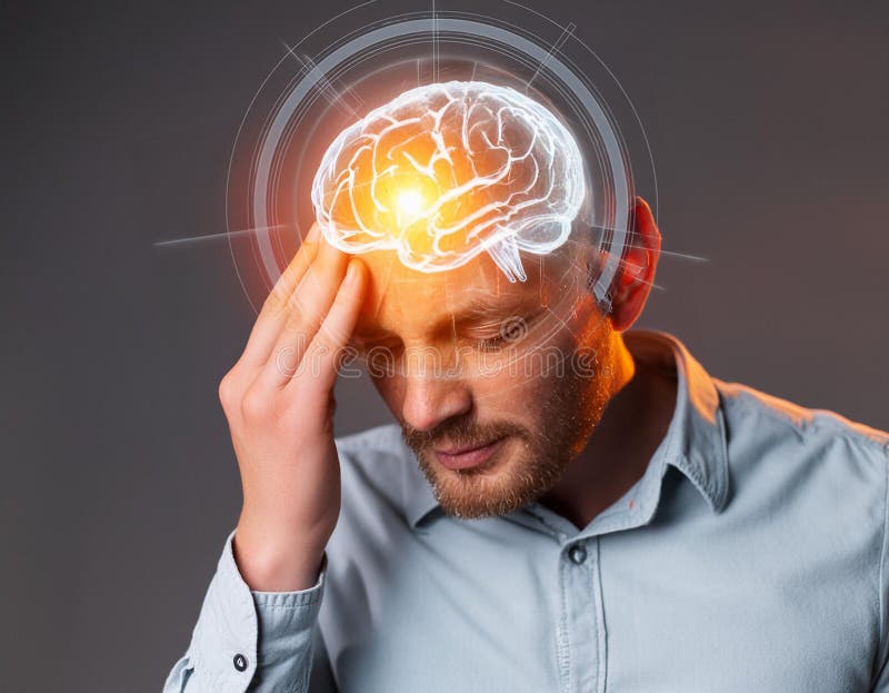 Representation of Head Health. Man with Headache with Glowing ...