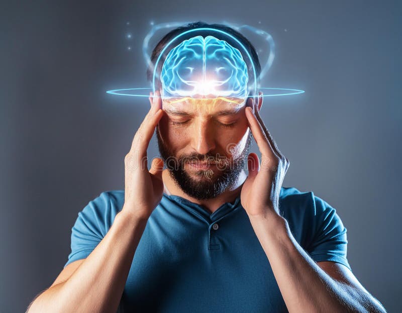 Representation of Head Health. Man with Headache with Glowing ...