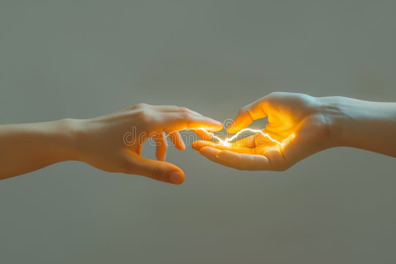 Two Hands Touching with Glowing Fingertips Stock Photo - Image of ...